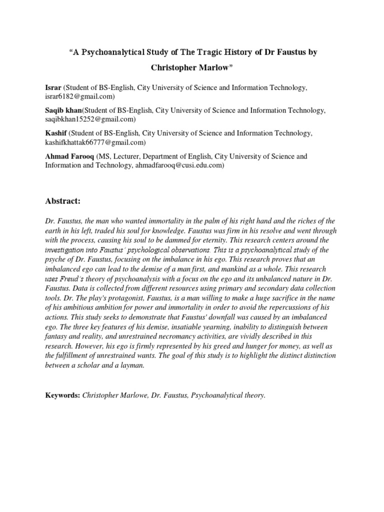 "A Psychoanalytical Study of The Tragic History of DR Faustus" by ...