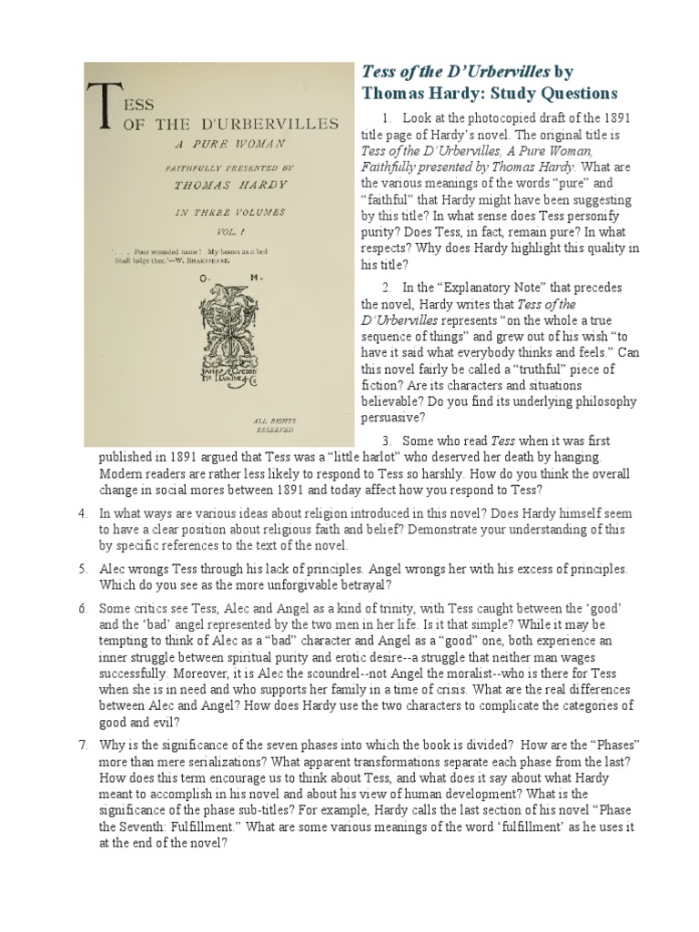 Tess Study Questions | PDF | Tess Of The D'urbervilles