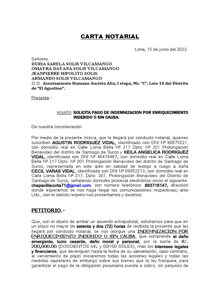 Carta Notarial Indemnización-AGUSTIN. | PDF | Intención (Derecho Penal ...