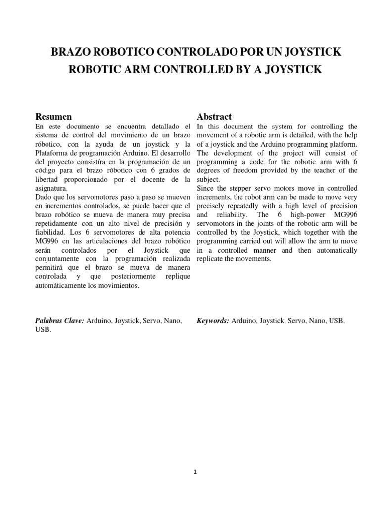 Brazo Robotico Controlado Por Un Joystick | PDF | Electrónica | Arduino