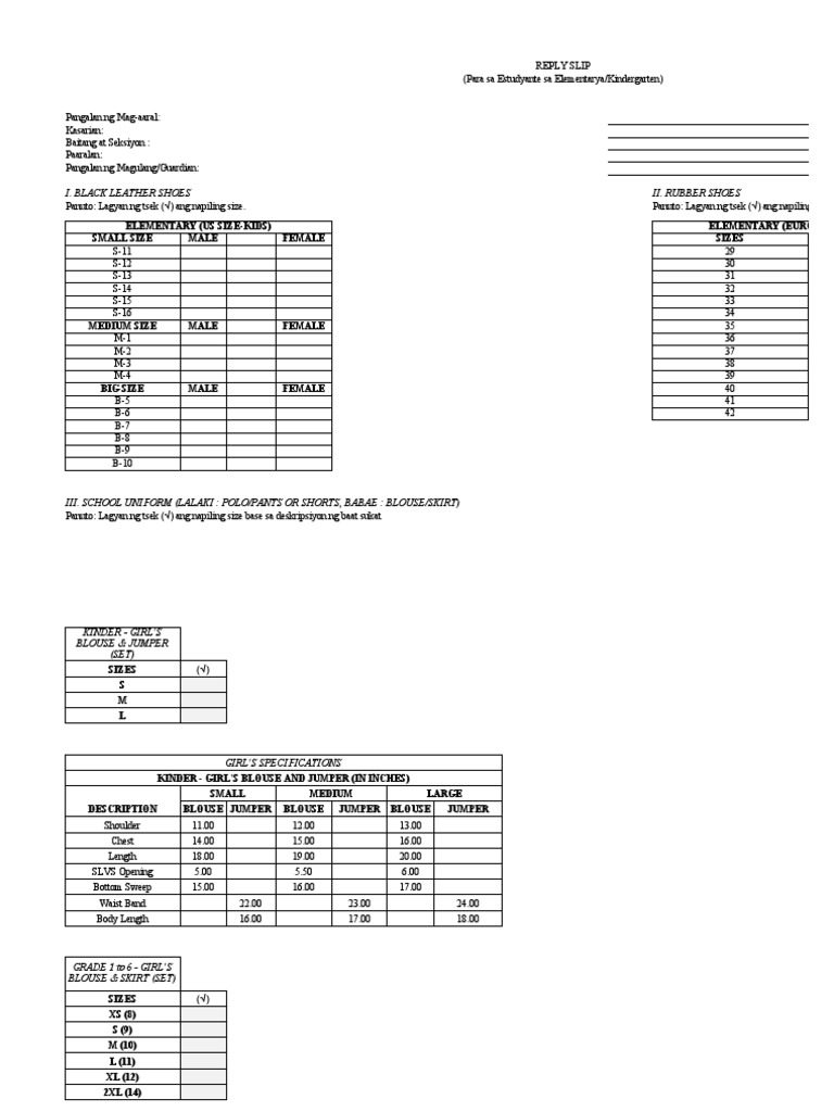 Student Uniform Size Selection Form | PDF | Blouse | Skirt