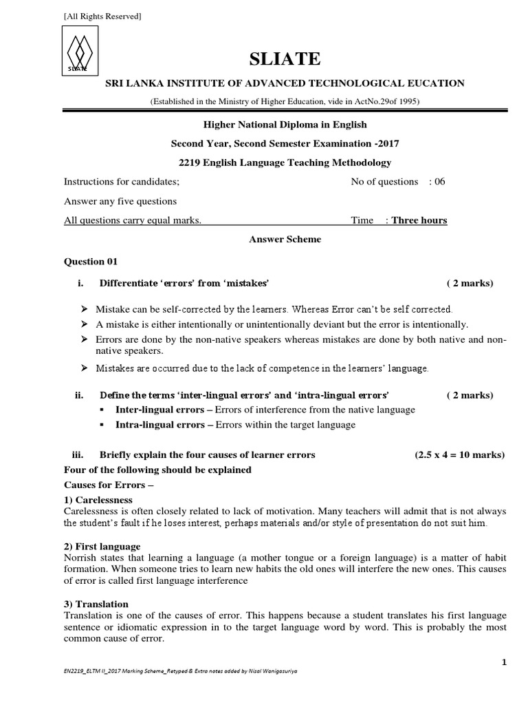 EN2219 ELTM 2017 Marking Scheme | PDF | Teaching Method | Teachers
