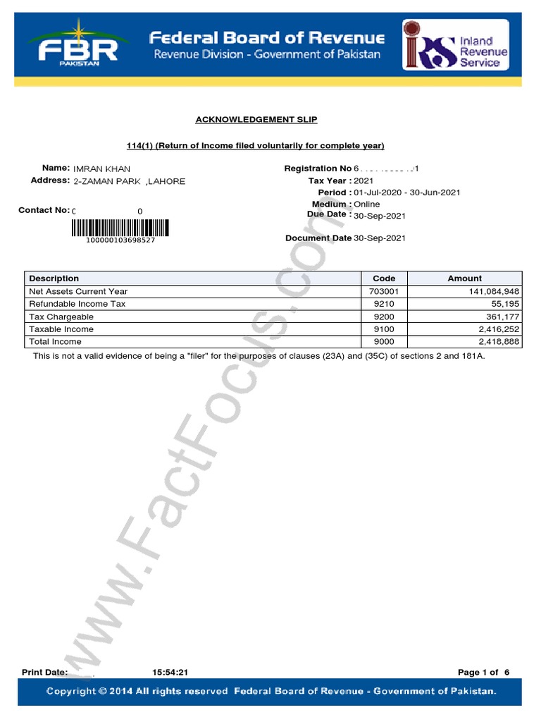Acknowledgement Slip Tax Return | PDF | Taxes | Income