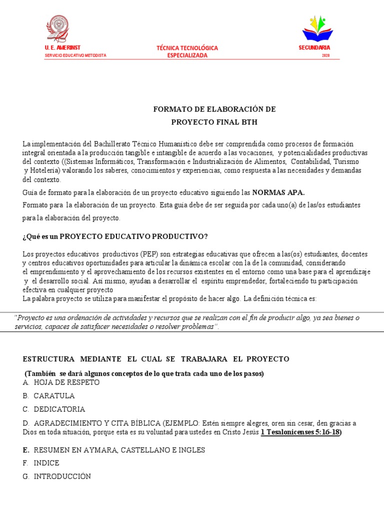 Técnica Tecnológica Especializada Formato de Elaboración de Proyecto Final BTH | PDF ...