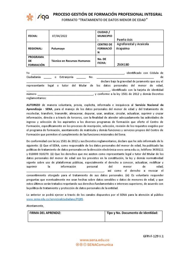 GFPI-F-129 Formato Tratamiento de Datos Menor de Edad.... | PDF | Privacidad de la información ...
