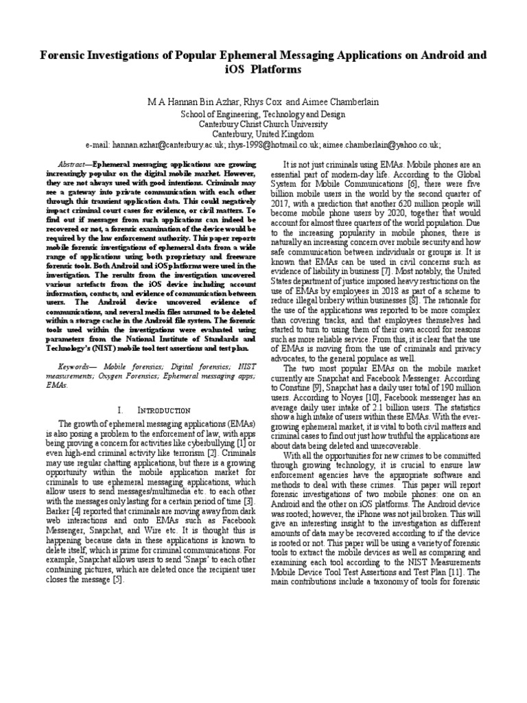 Forensic Analysis of Ephemeral Messaging Apps | PDF | Ios | Snapchat