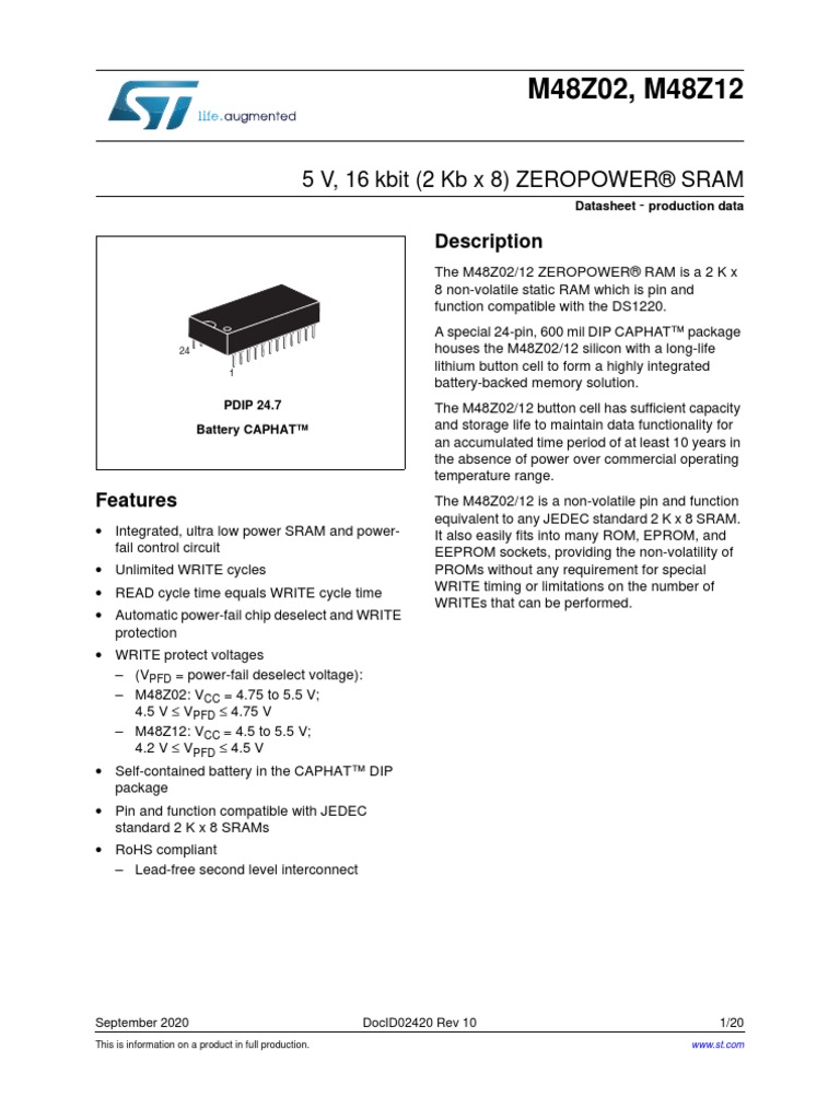 M48Z02, M48Z12: 5 V, 16 Kbit (2 KB X 8) ZEROPOWER® SRAM | PDF ...