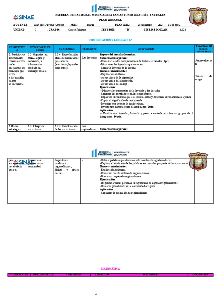 Plan Semanal 28-03 | PDF | Guatemala