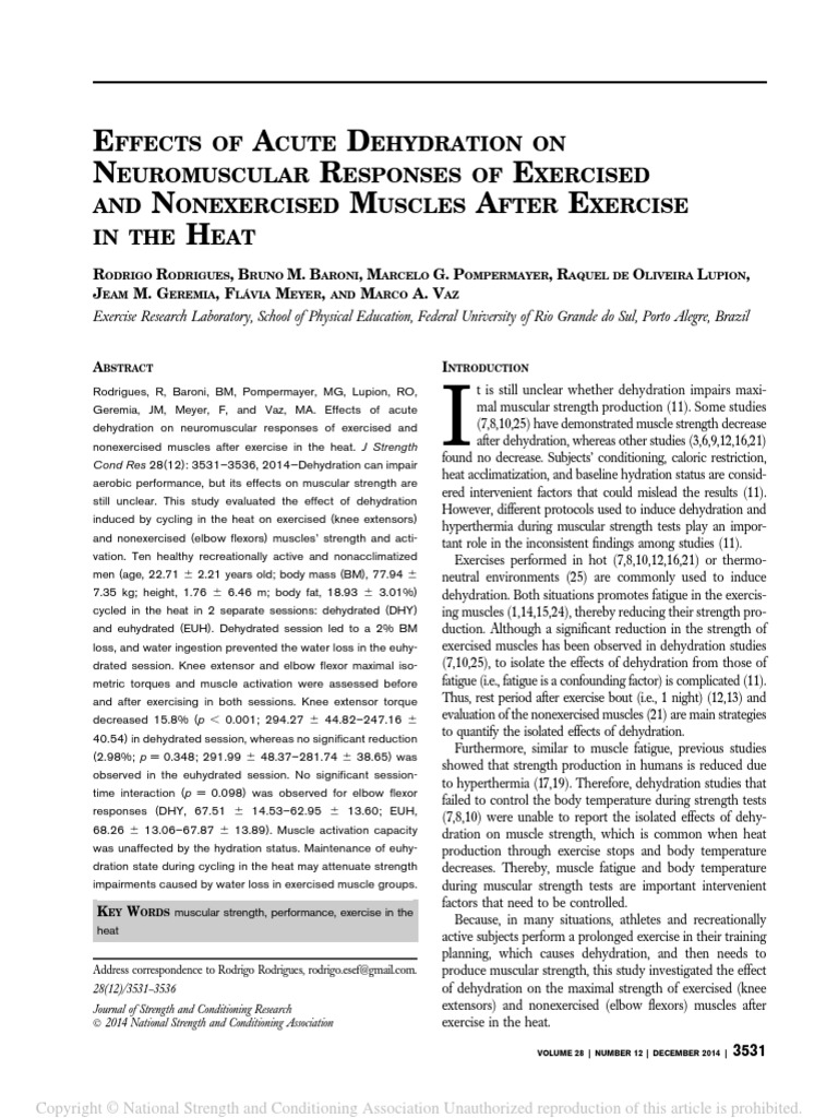 Effects of Acute Dehydration On Neuromuscular Responses of Exercised ...