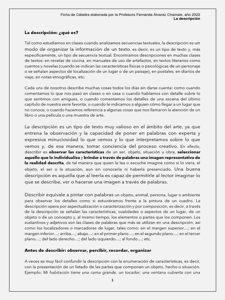 LA DESCRIPCIÓN Ficha de Cátedra Fernanda Álvarez Chamale - 2022 | PDF ...