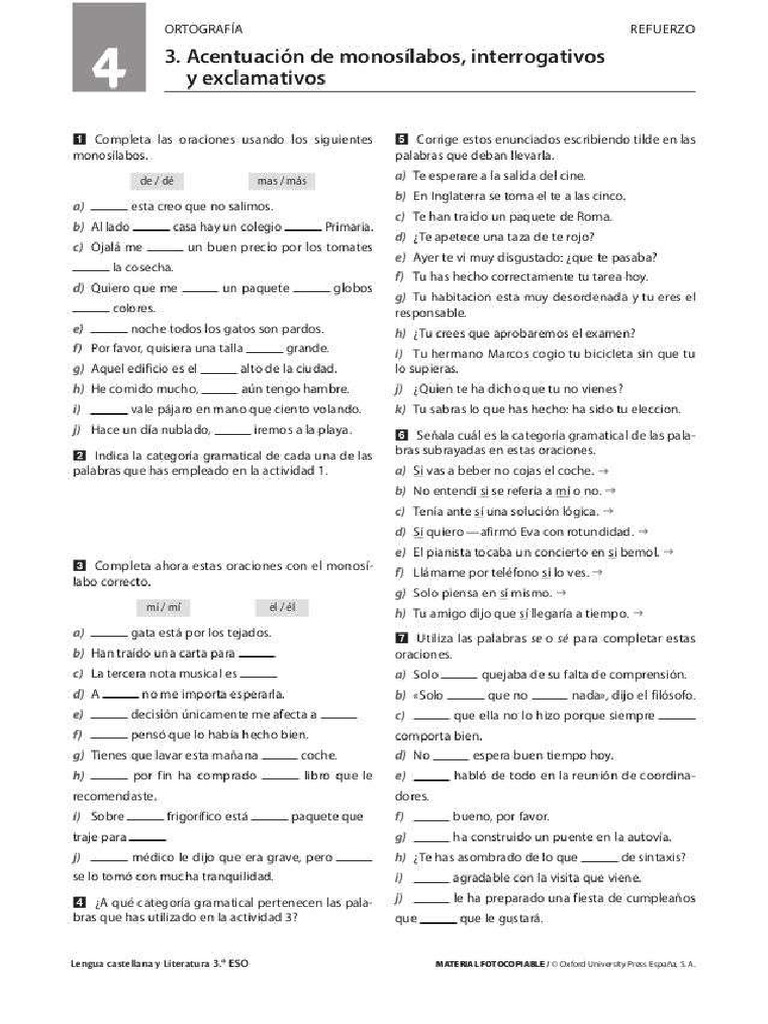 Acentuación de Monosílabos, Exclamativos e Interrogativos. | PDF