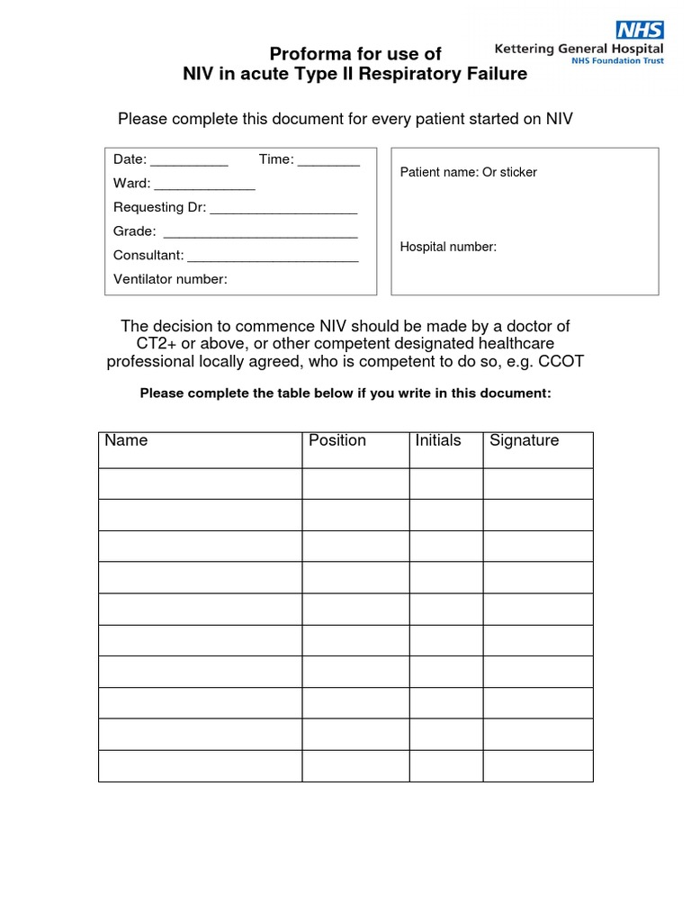 NIV Proforma | PDF | Chronic Obstructive Pulmonary Disease | Causes Of ...