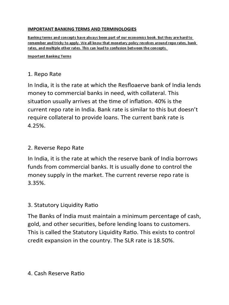 Important Banking Terms and Terminologies | PDF | Reserve Bank Of India ...