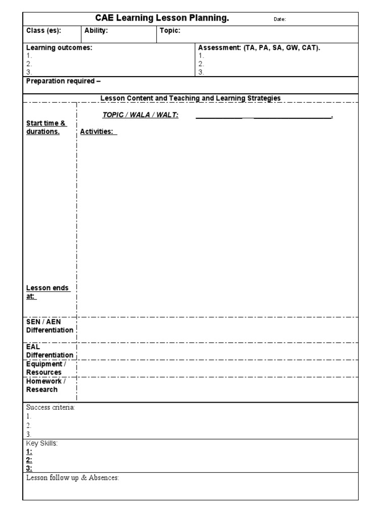 CAE Lesson Planning Template Guide | PDF