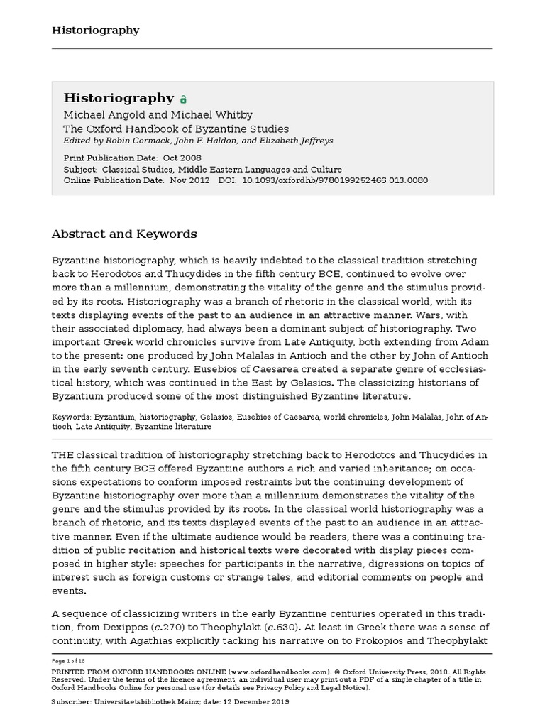 Angold, Michael and Whitby, Michael - Historiography | PDF | Byzantine ...