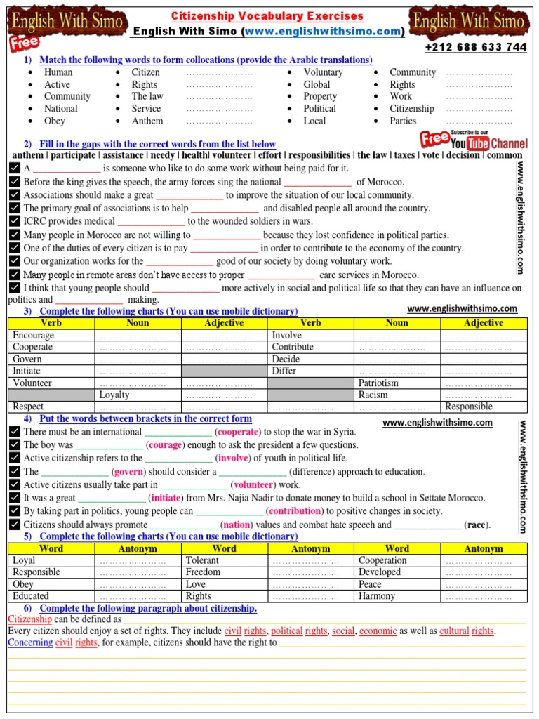 Citizenship Vocabulary Worksheet by English With Simo | PDF | Adjective ...