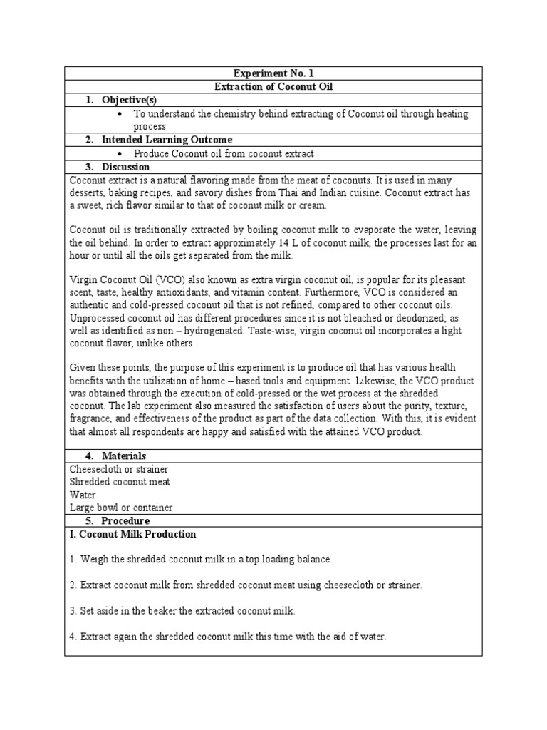 Experiment No1 | PDF | Coconut Oil | Coconut Milk
