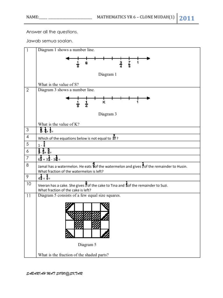Soalan Fraction (Paper 1) | PDF | Fraction (Mathematics) | Elementary ...