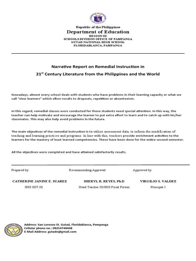 Narrative Report On Remedial Instruction in | PDF | Learning | Teachers