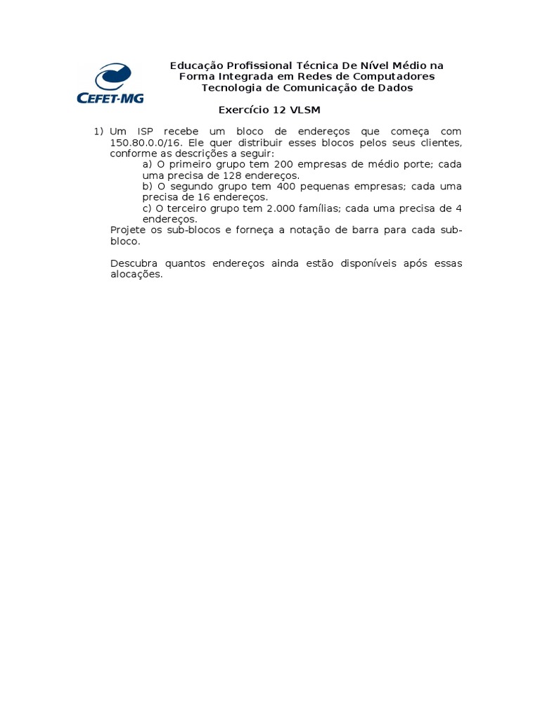 Exercicio 12 Sub-Redes VLSM | PDF