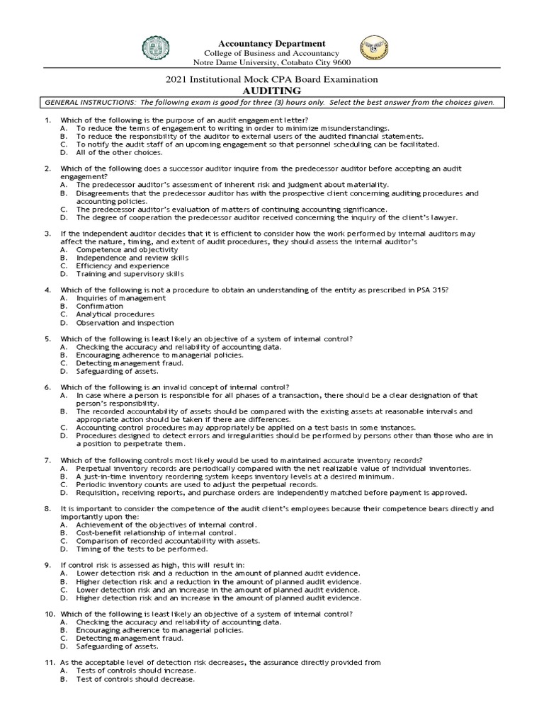CPA Exam Prep: Auditing Mock Test | PDF | Financial Audit | Audit