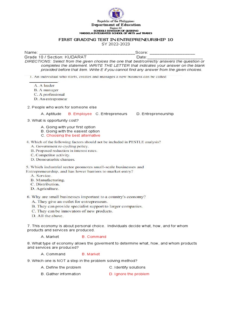 First Grading Test in Entrepreneurship 10 | PDF | Entrepreneurship | Retail