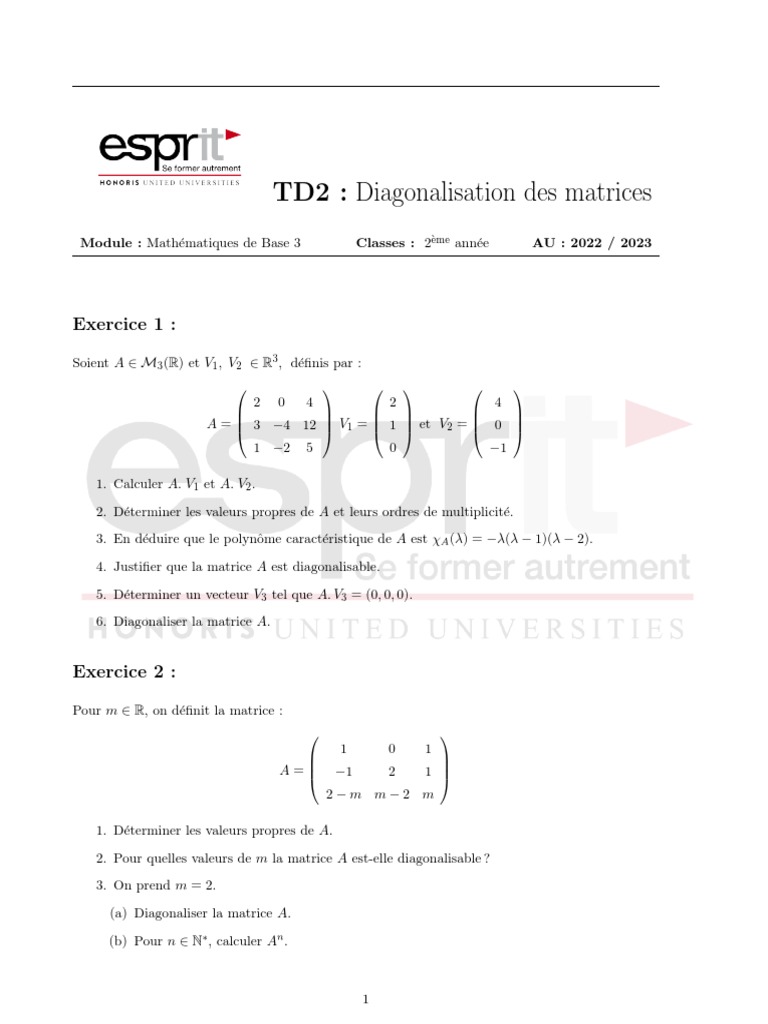 TD - Diagonalisation Des Matrices | PDF | Matrice (Mathématiques ...