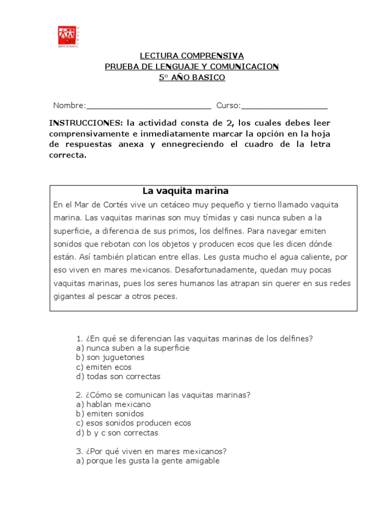 Prueba de Comprensión Lectora 5° Básico | PDF