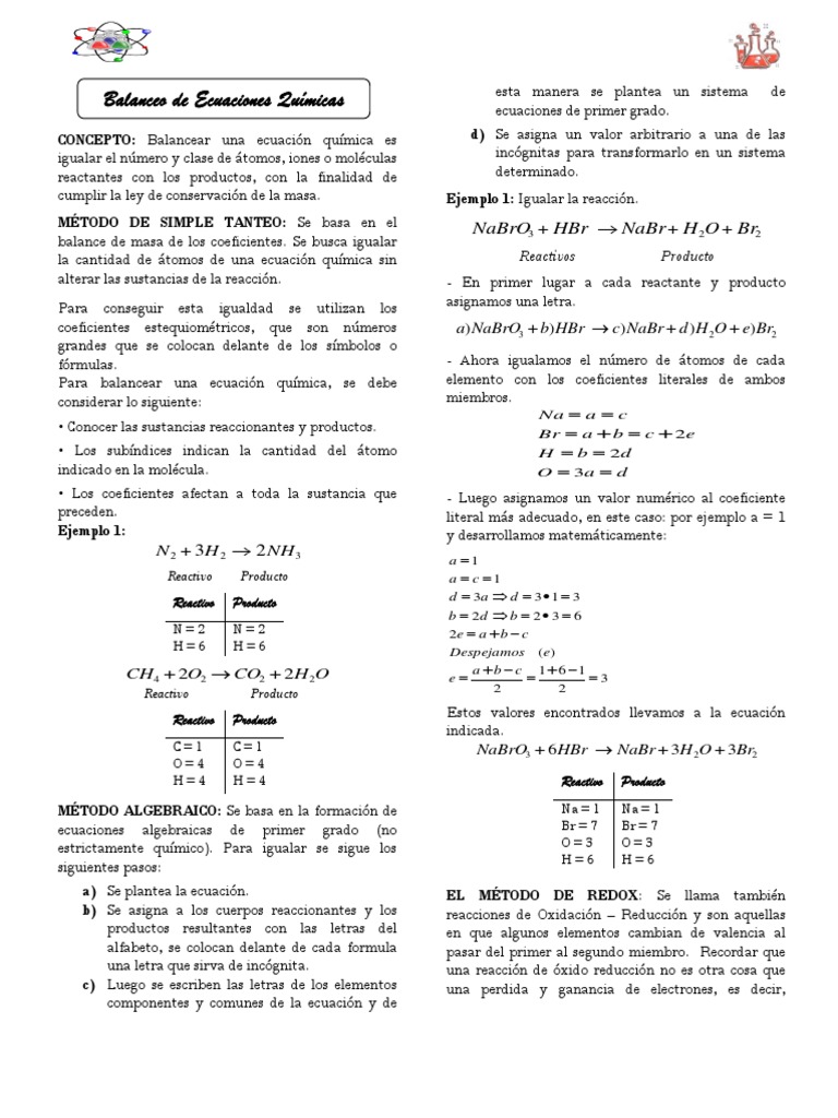 Balanceo de Ecuaciones Quimicas | PDF | Estequiometría | Redox
