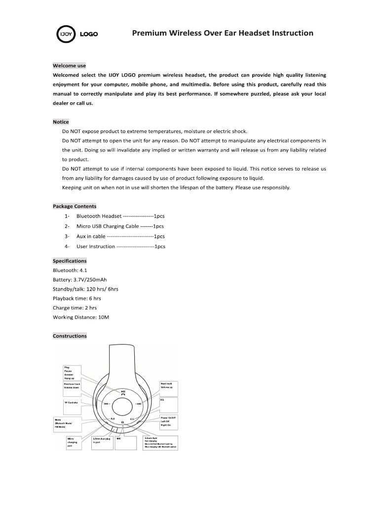 User Manual Bluetooth Fm Radio Headphones Ijoy Pdf