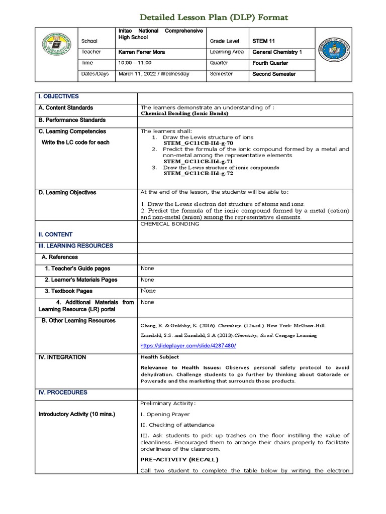 DLP in Chemistry 1 (Chemical Bonding) | PDF | Ion | Ionic Bonding