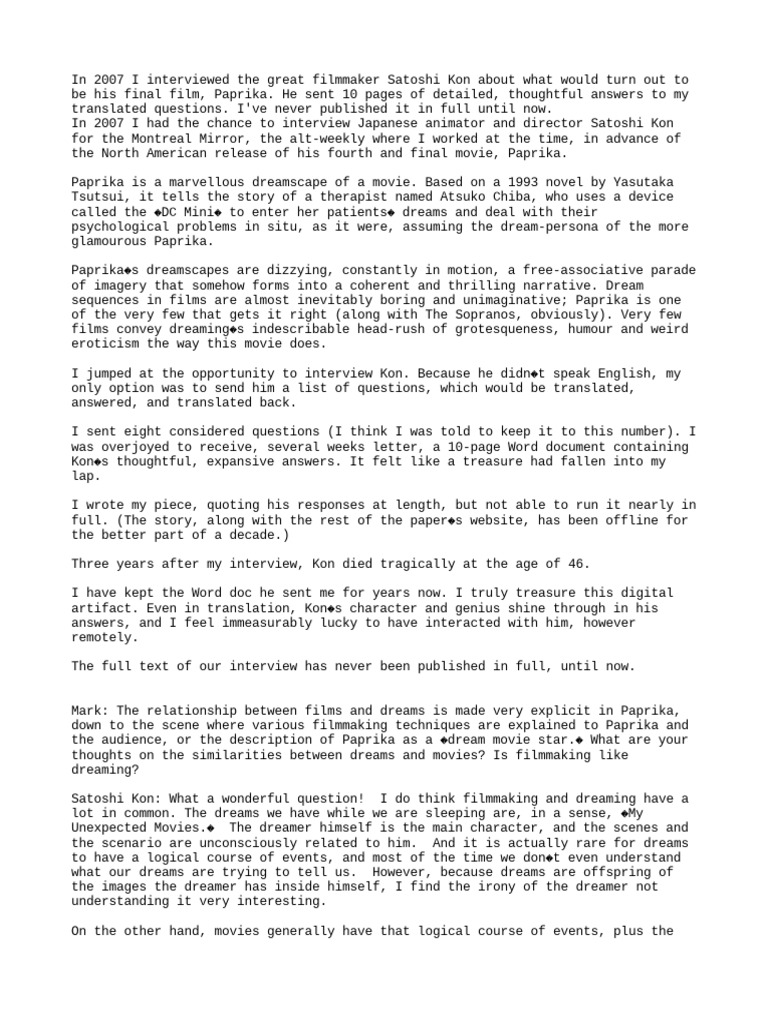 Interview With Satoshi Kon Paprika (2007) by Mark Slutsky. | PDF | Dream
