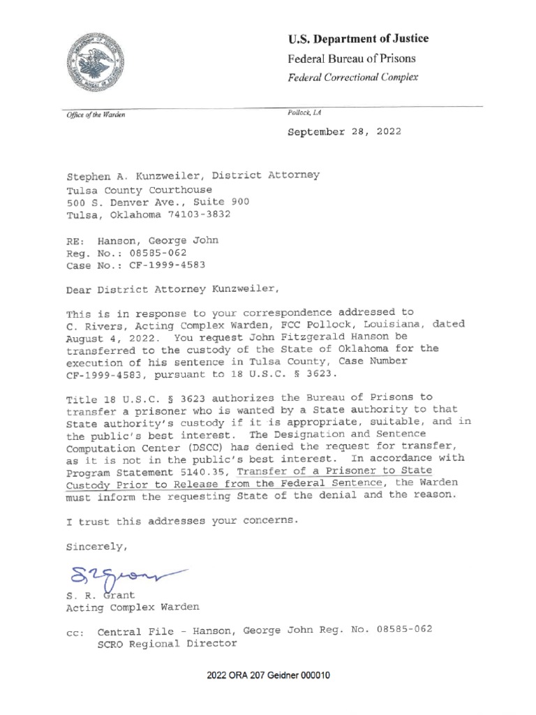 Hanson BOP Letter | PDF