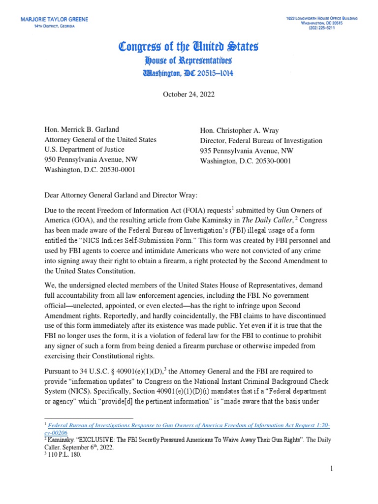 MTG / GOP Letter To Congress Over FBI Gun Rights | PDF | National ...