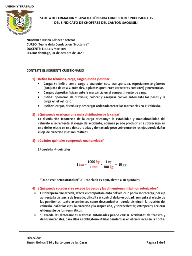 Jansen Balseca Saeteros - TConduccion - T2 | PDF | Eje | Camión