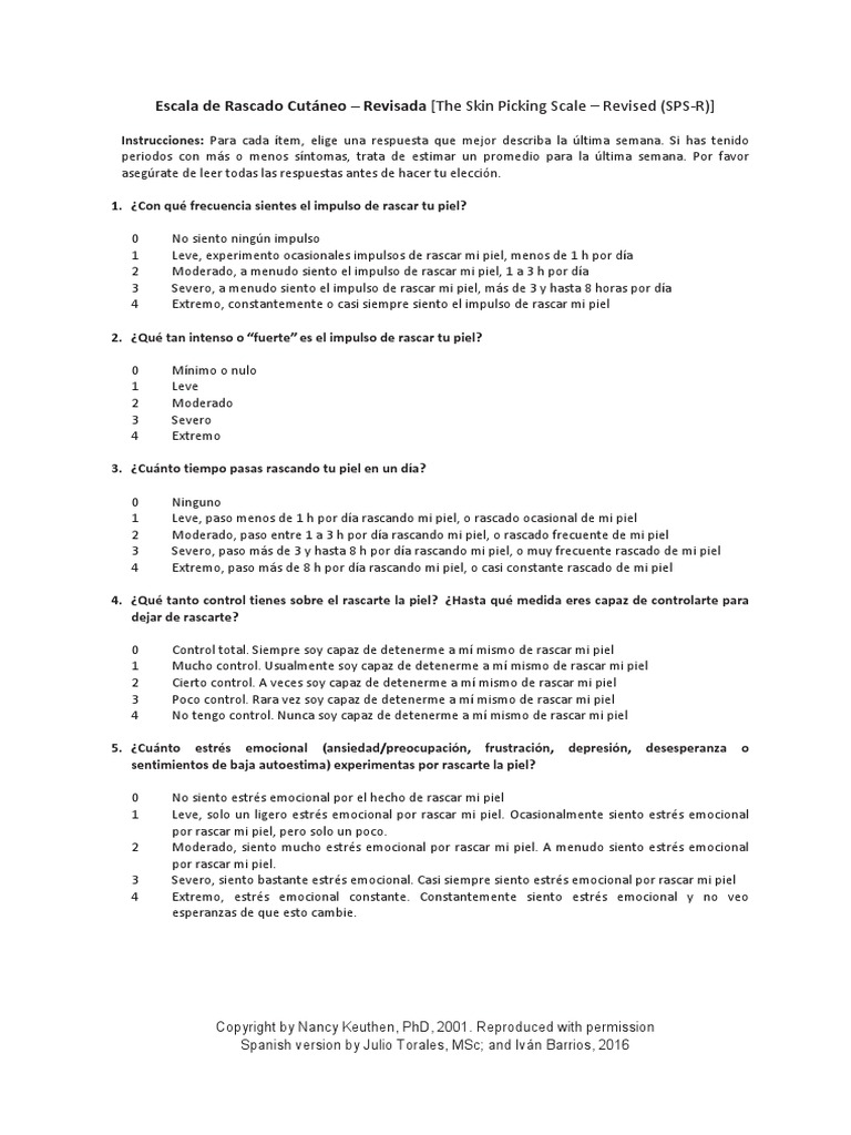 Spanish - The Skin Picking Scale - Revised. | PDF | Estrés (biología ...