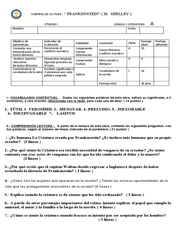 Control de Lectura: Frankenstein | PDF | Frankenstein | Comprensión lectora