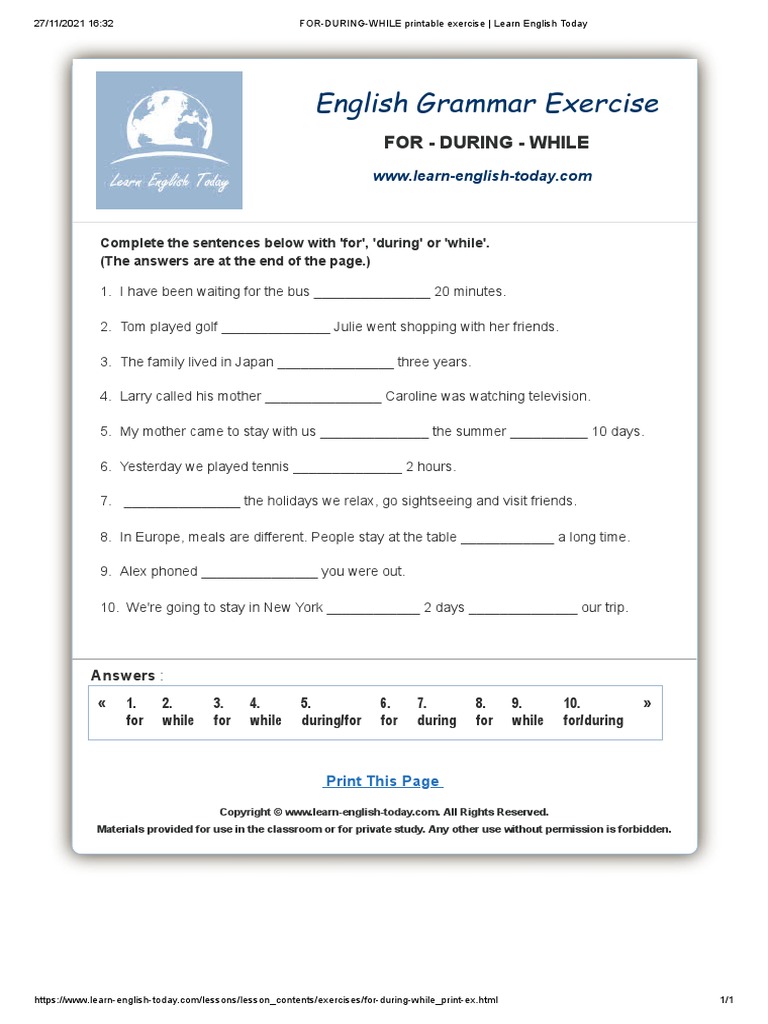 FOR-DURING-WHILE Printable Exercise - Learn English Today | PDF