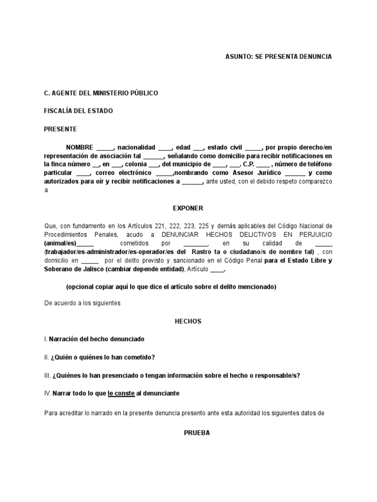 Formato de Denuncia | Descargar gratis PDF | Ley común | Ley Pública