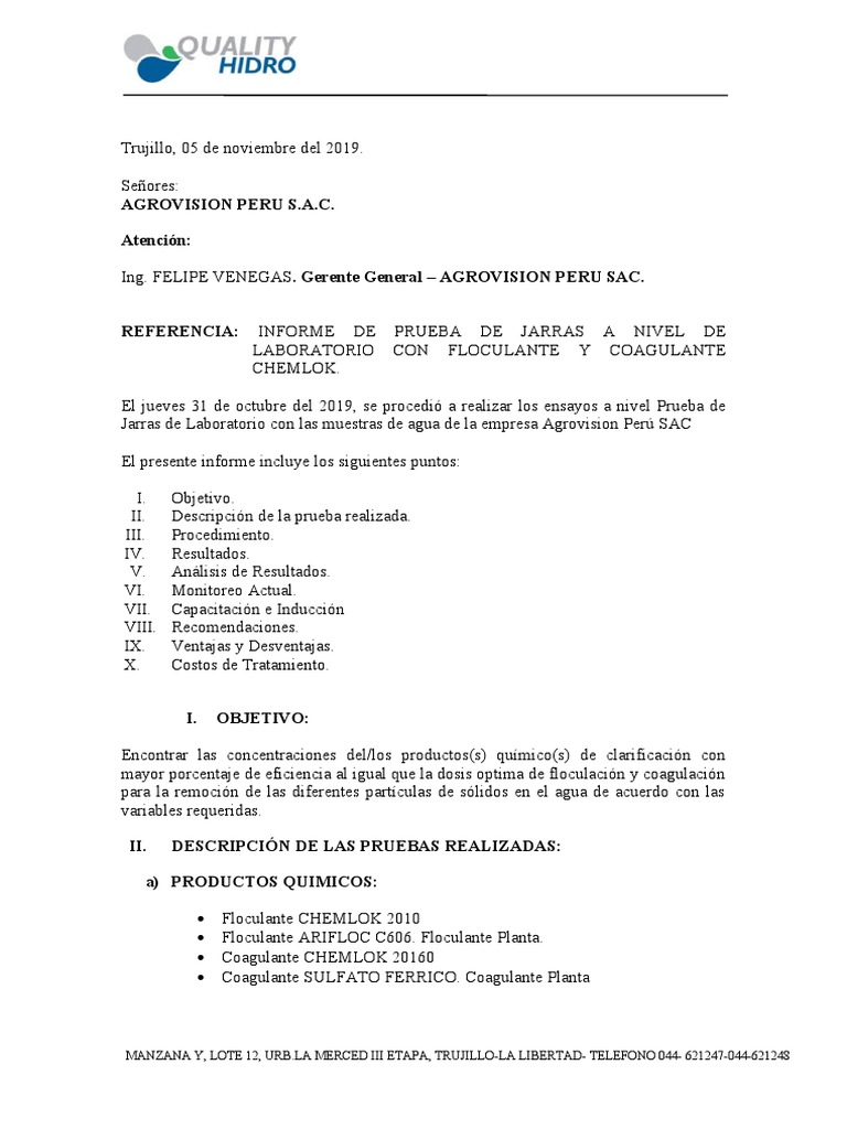 Informe de Prueba de Jarras Agrovision Peru Sac Olmos-04.11.19 | PDF ...