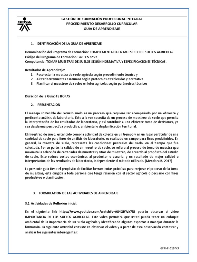 Muestreo de Suleos Agricolas GFPI-F-019 - Guia - de - Aprendizaje | PDF | Tierra | Aprendizaje