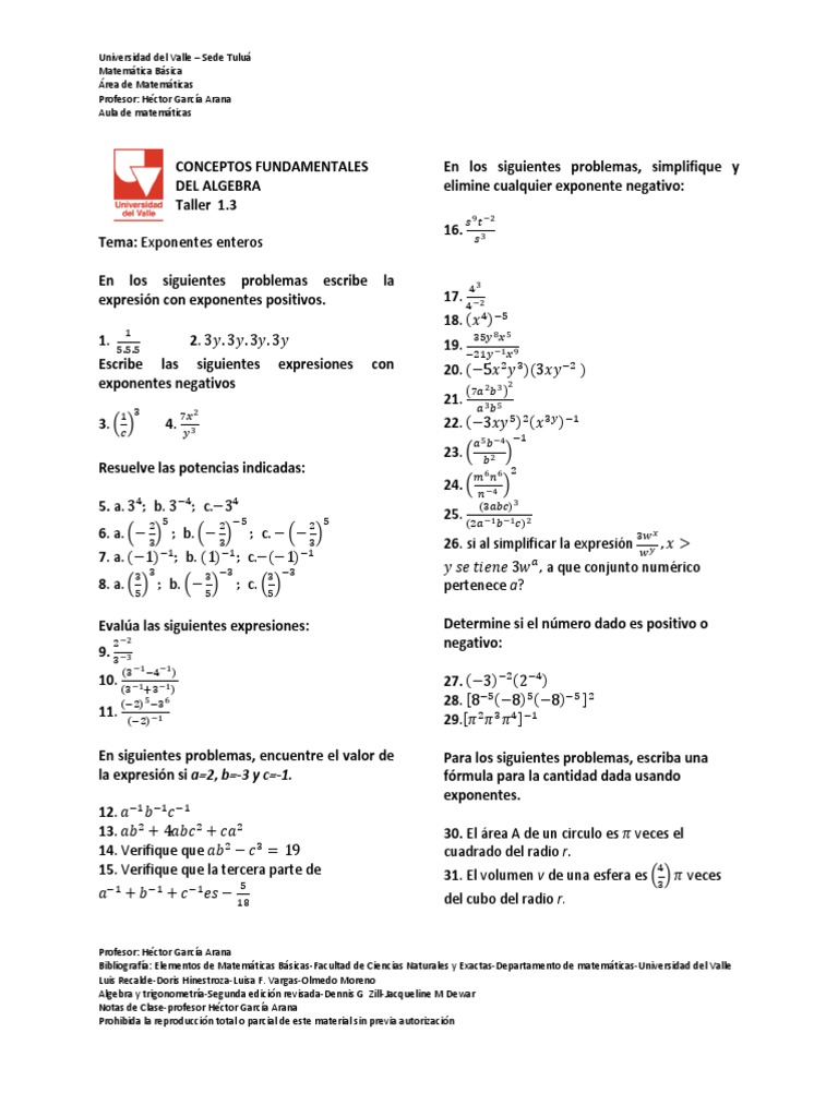 Taller1.3 Exponentes Enteros Héctor García Arana | PDF | Números ...