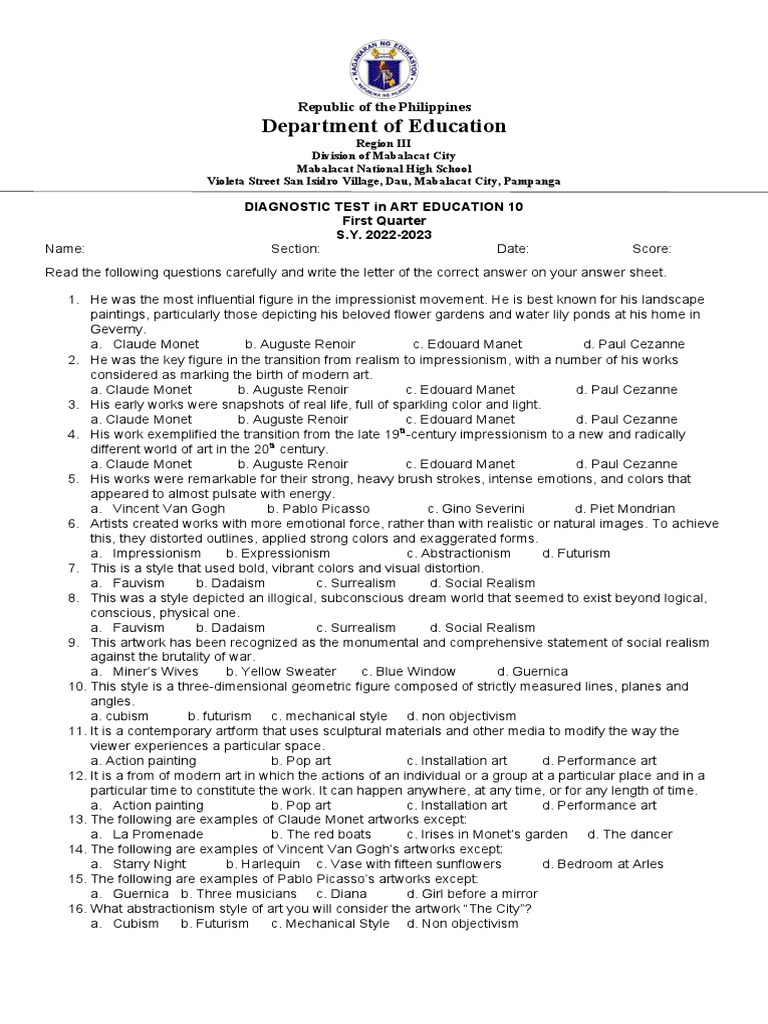 Pre Test ARTS10 Q1 | PDF | Impressionism | Paul Cézanne