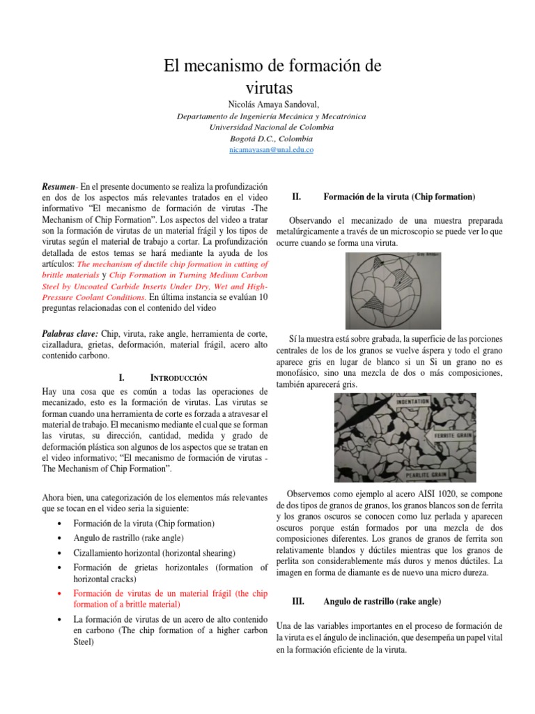 El Mecanismo de Formación de Virutas Nicolas Amaya | PDF | Fractura ...
