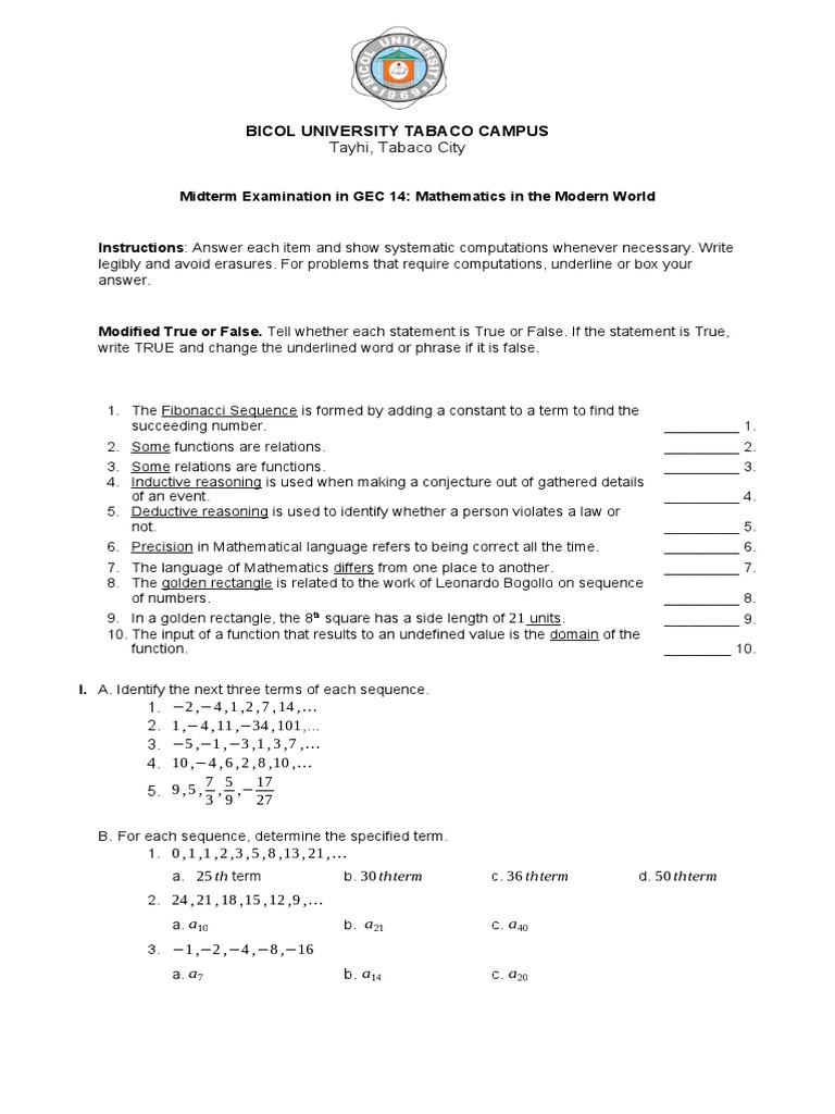 Midterm Exam | PDF | Function (Mathematics) | Sequence