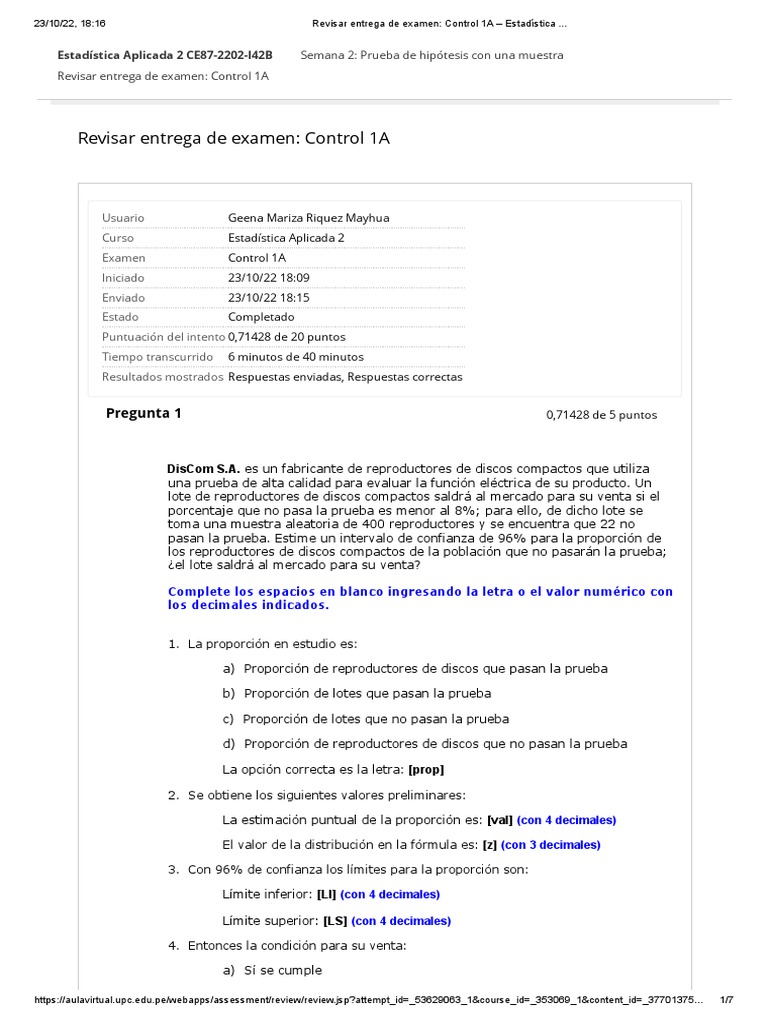 Revisar Entrega de Examen - Control 1A - Estadística .. - 2 | PDF | Prueba (evaluación ...
