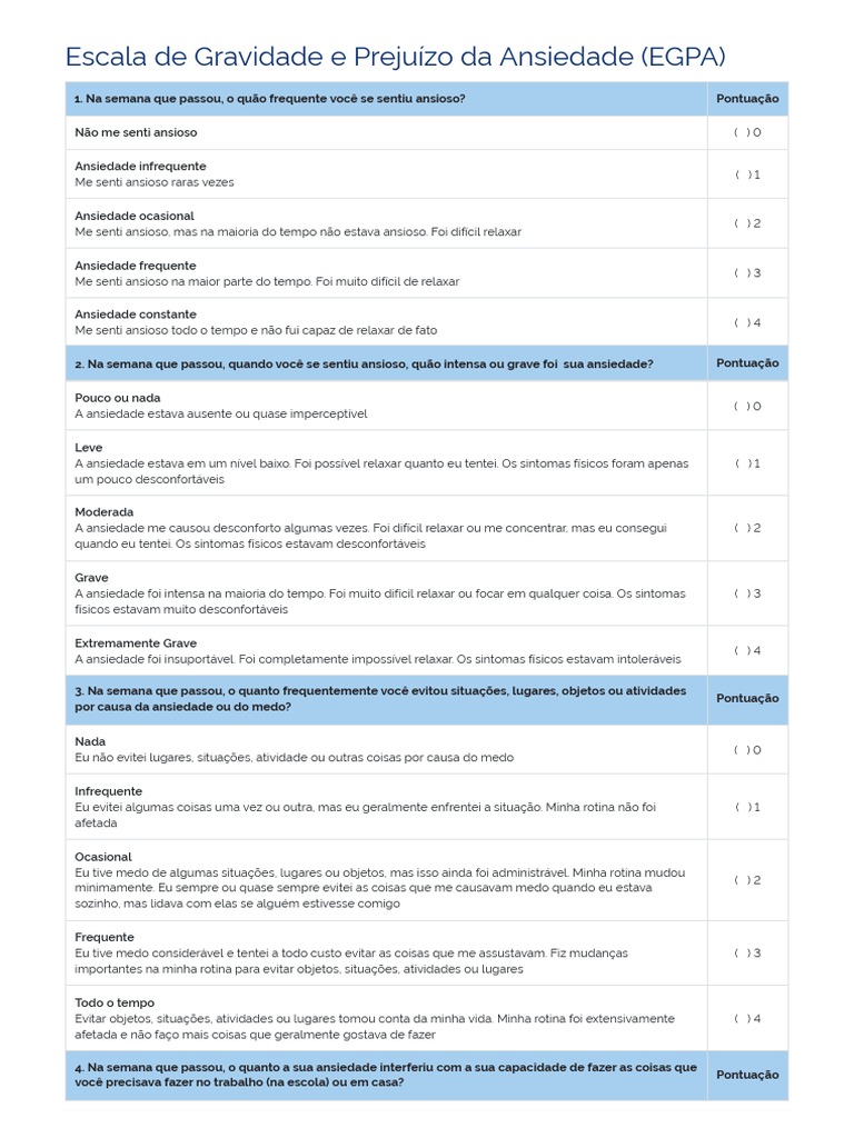 Escala de Gravidade e Prejuízo Da Ansiedade (EGPA) | PDF | Ansiedade