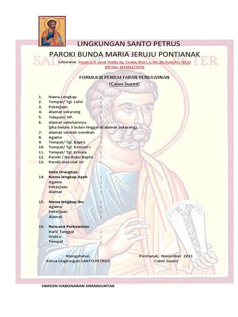 Formulir Pernikahan Lingkungan Santo Petrus PDF | PDF