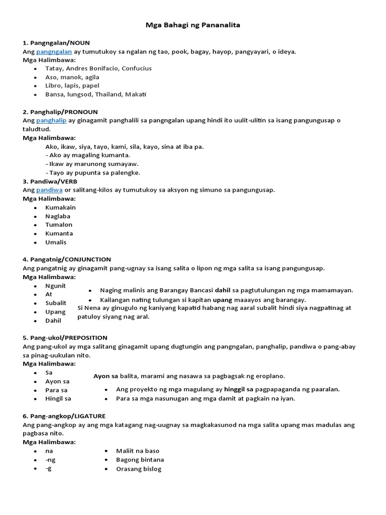 Mga Bahagi NG Pananalita | PDF