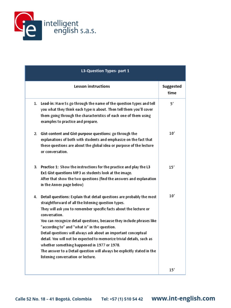 TOEFL L3 - Question Types - Part 1 Lesson Plan | PDF | Question | Sleep